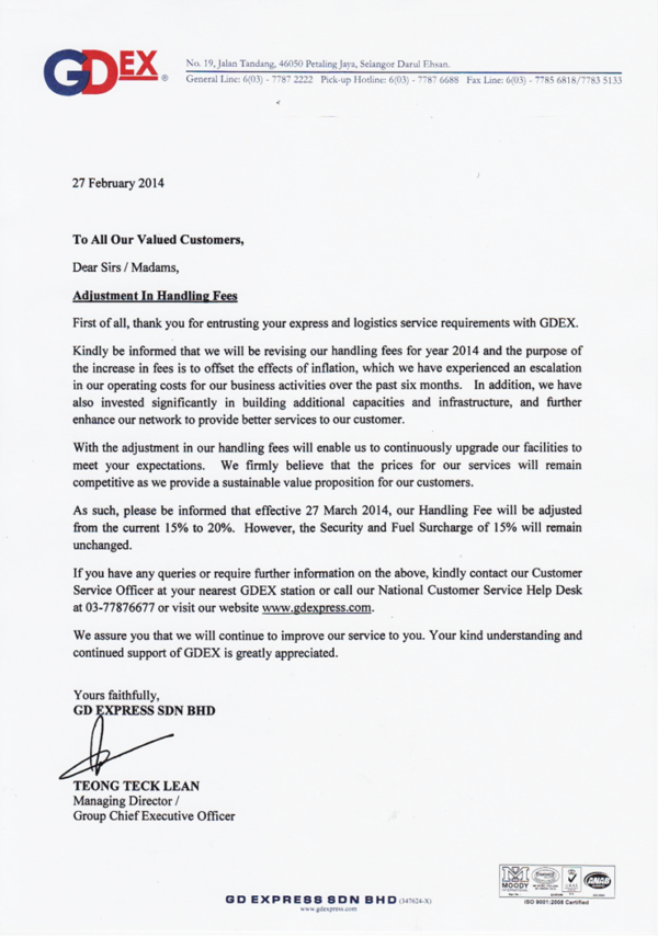 Adjustment in Handling Fees - GDEX SG