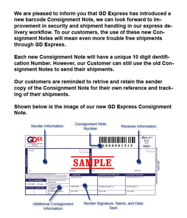 New GD Express Consignment Note - GDEX SG