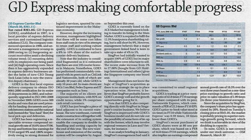 The Edge Financial Daily - GD Express Making Comfortable Progress - GDEX SG