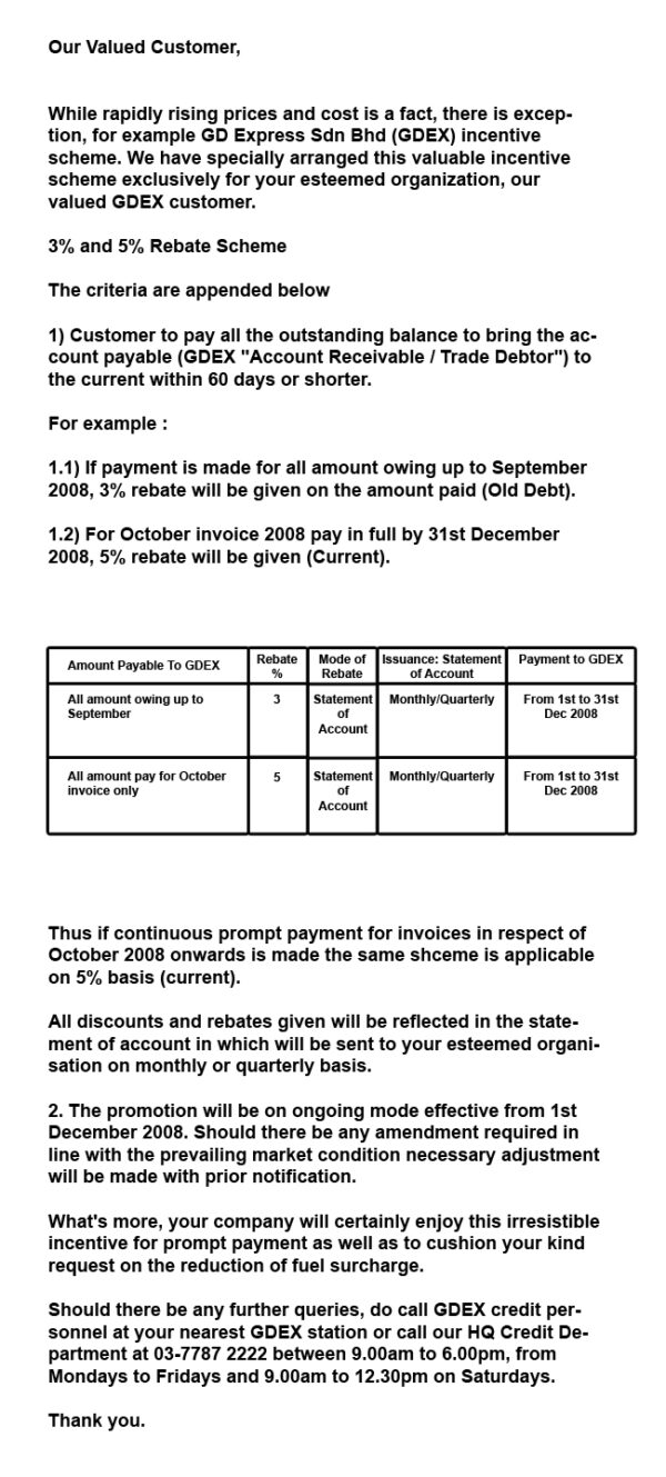 Prompt Payment and Fuel Surcharge Incentive Scheme - GDEX