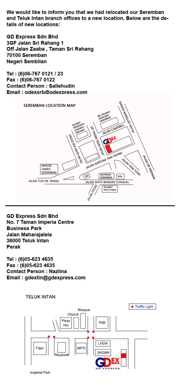Relocation of GD Seremban and Teluk Intan Offices - GDEX