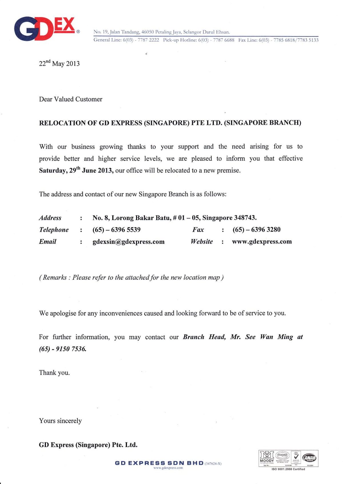 Singapore Office Relocation - GDEX